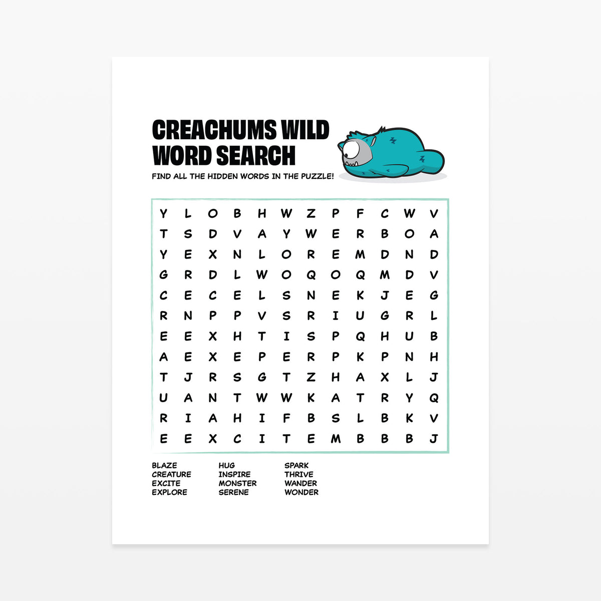 Creachums Wild Word Search Activity Page | Puzzle Fun for Kids