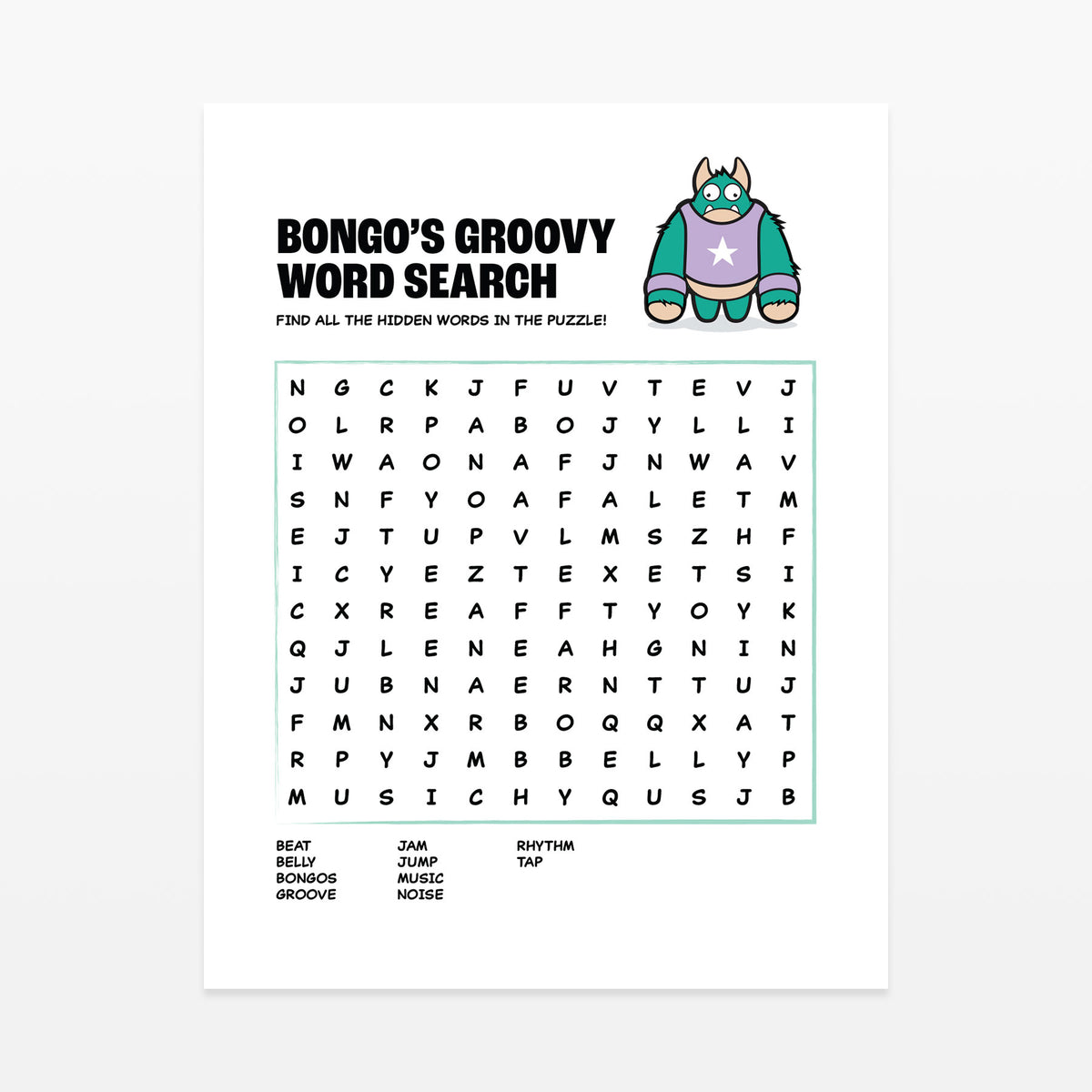 Bongo Word Search Activity Page | Creachums Puzzle Fun