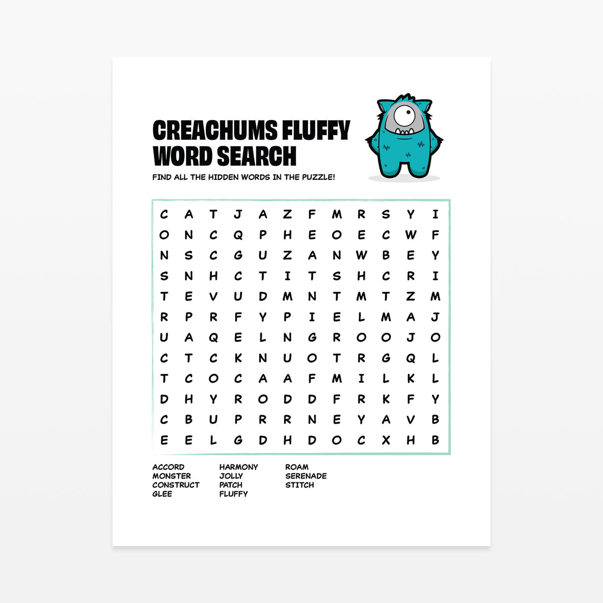 Creachums Fluffy Word Search Activity Page | Puzzle Fun for Kids